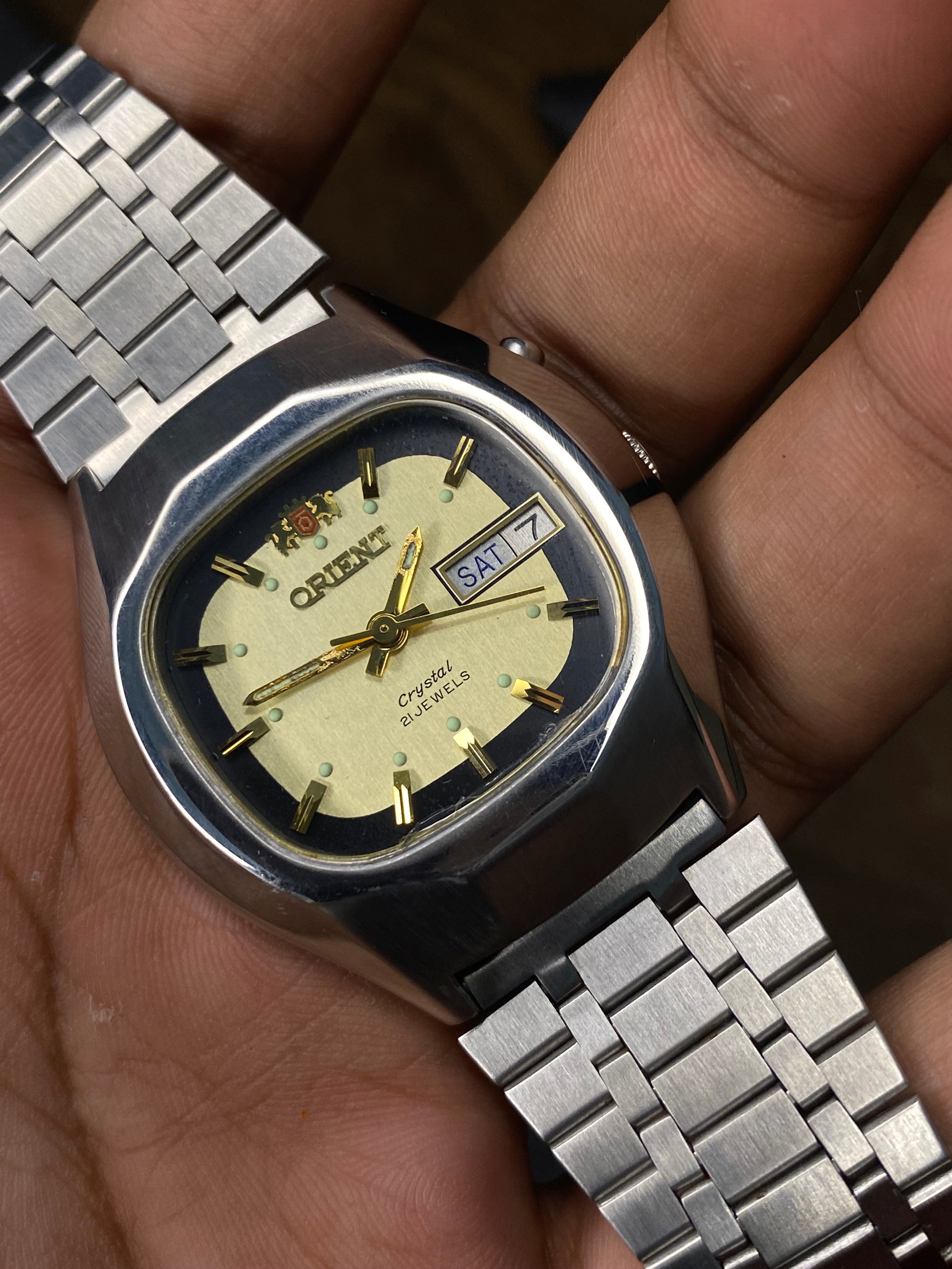 Vintage Orient Crystal ‘Tv Shaped’ Light Gold Dial Watch. – Bengal Curator